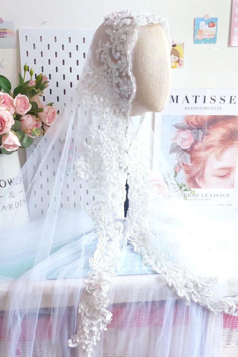 Muslim Bridal Hijab Wedding Veil With Beaded Lace - Etsy Canada