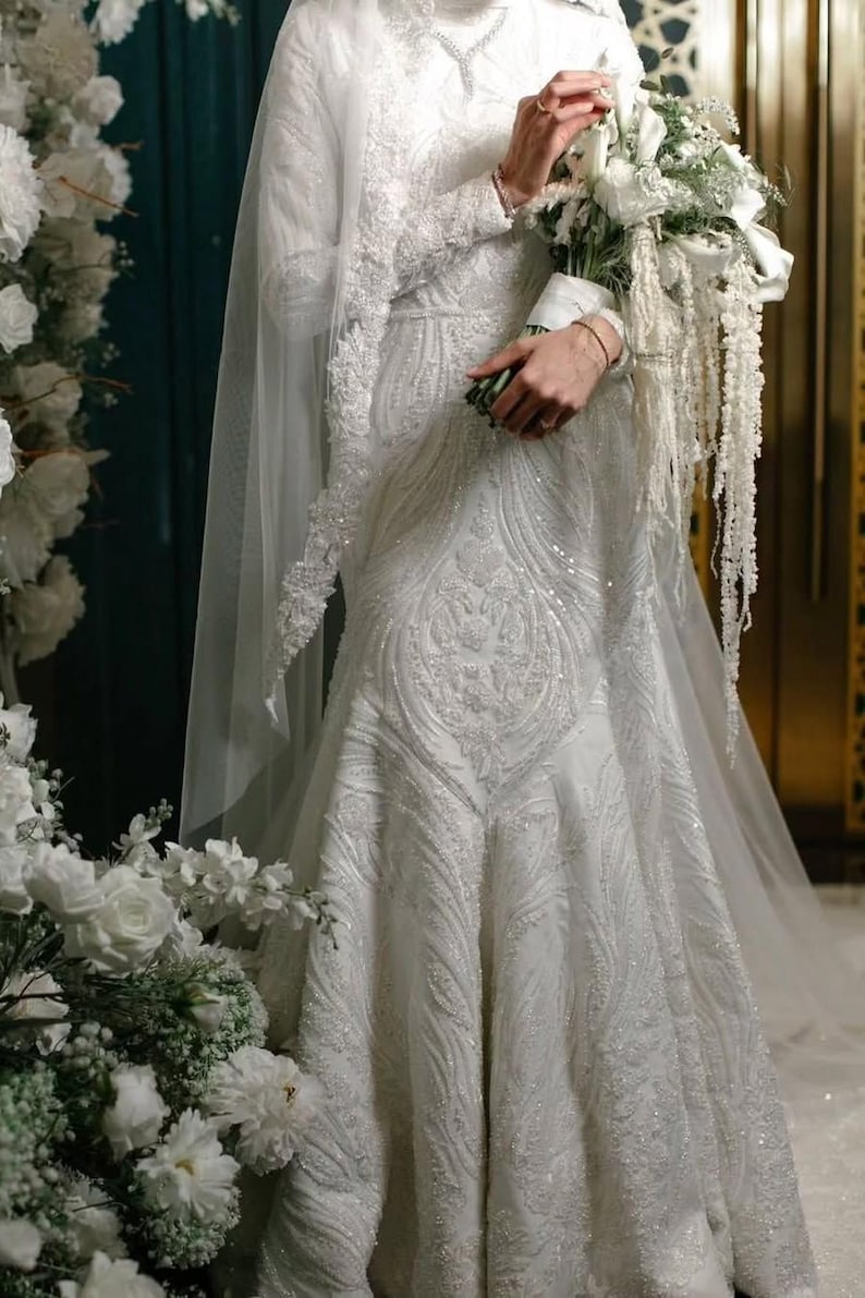 Muslim Bridal Hijab Wedding Veil With Beaded Lace - Etsy Canada