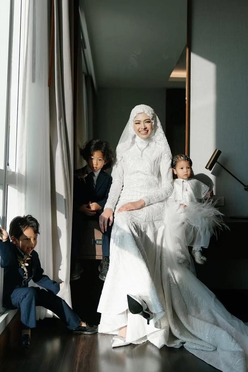 Muslim Bridal Hijab Wedding Veil With Beaded Lace - Etsy Canada