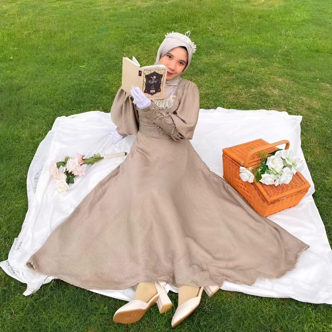 Romantic Linen Modest Dress | Beige Muslim Maxi Gown With Puff Sleeves ...