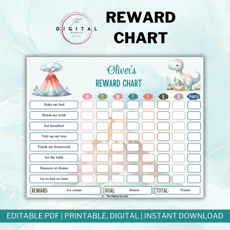 Editable Boys Chore Chart Dinosaur Adventure Reward Chart Kids Editable ...