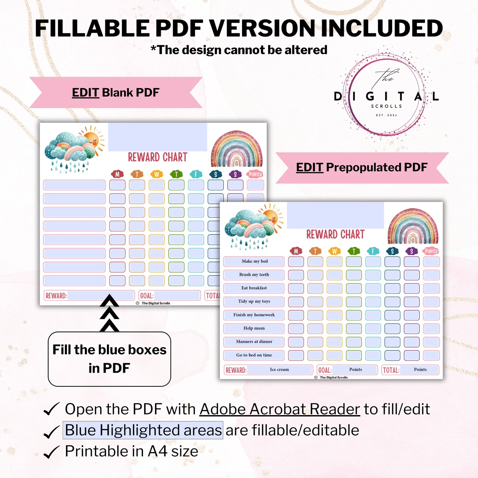 Editable Girls Chore Chart | Rainbow Skies Reward Chart | Childrens ...