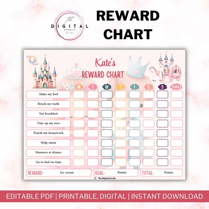 Editable Girls Chore Chart | Princess Castle Reward Chart | Childrens ...