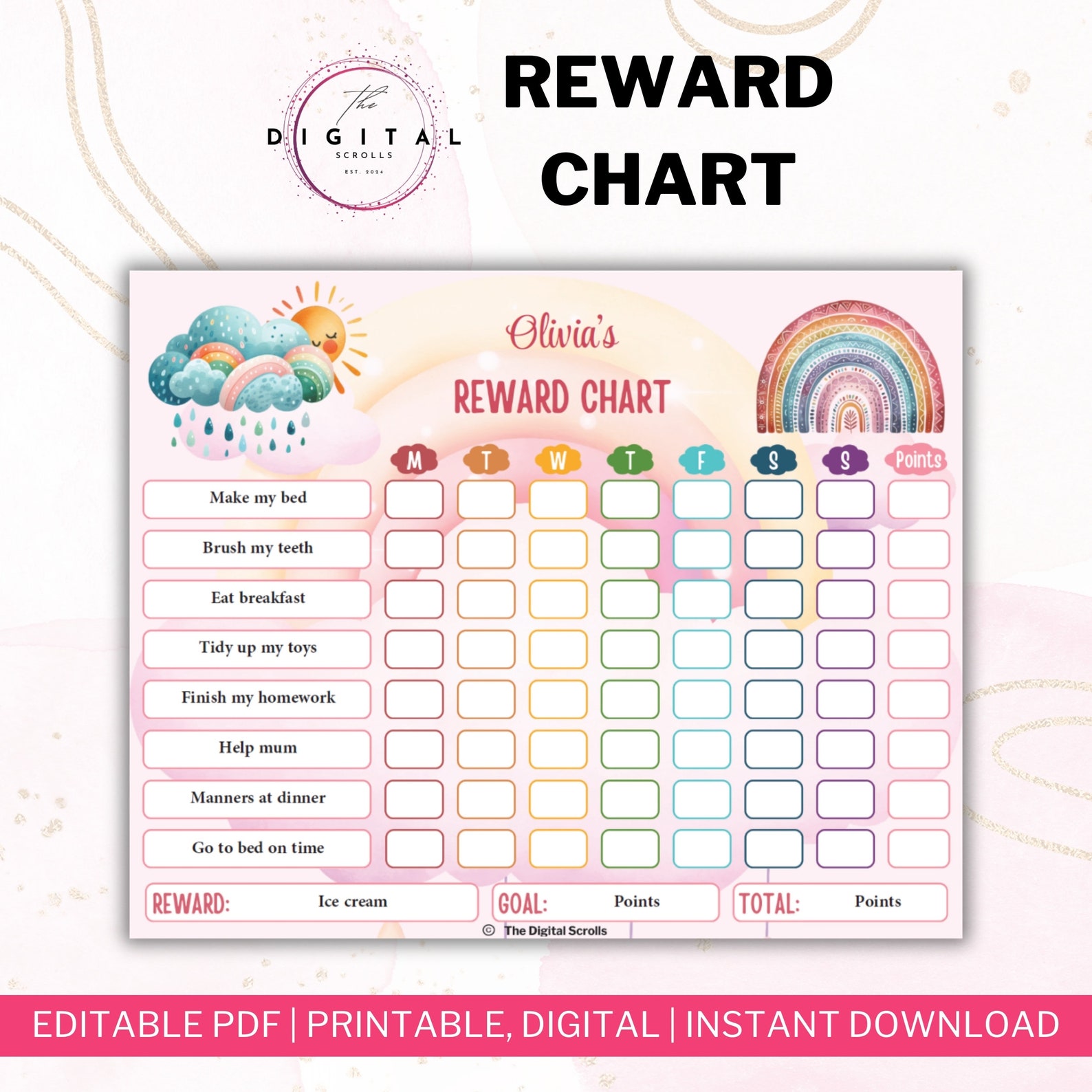 Editable Girls Chore Chart Rainbow Skies Reward Chart Childrens ...