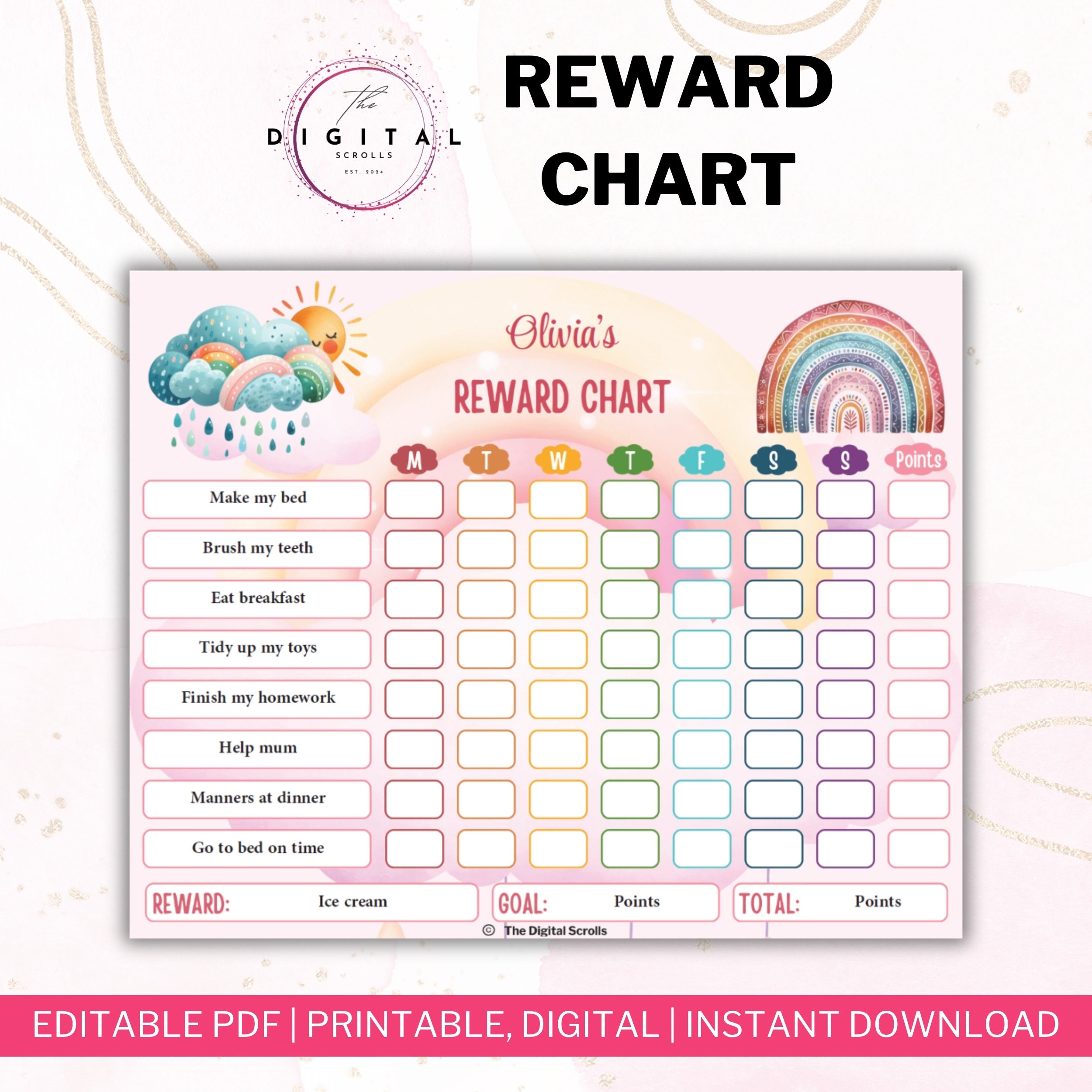 Editable Girls Chore Chart | Rainbow Skies Reward Chart | Childrens ...