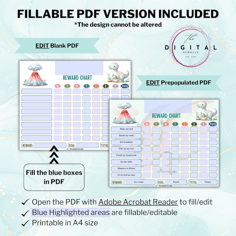 Editable Boys Chore Chart Dinosaur Adventure Reward Chart Kids Editable ...
