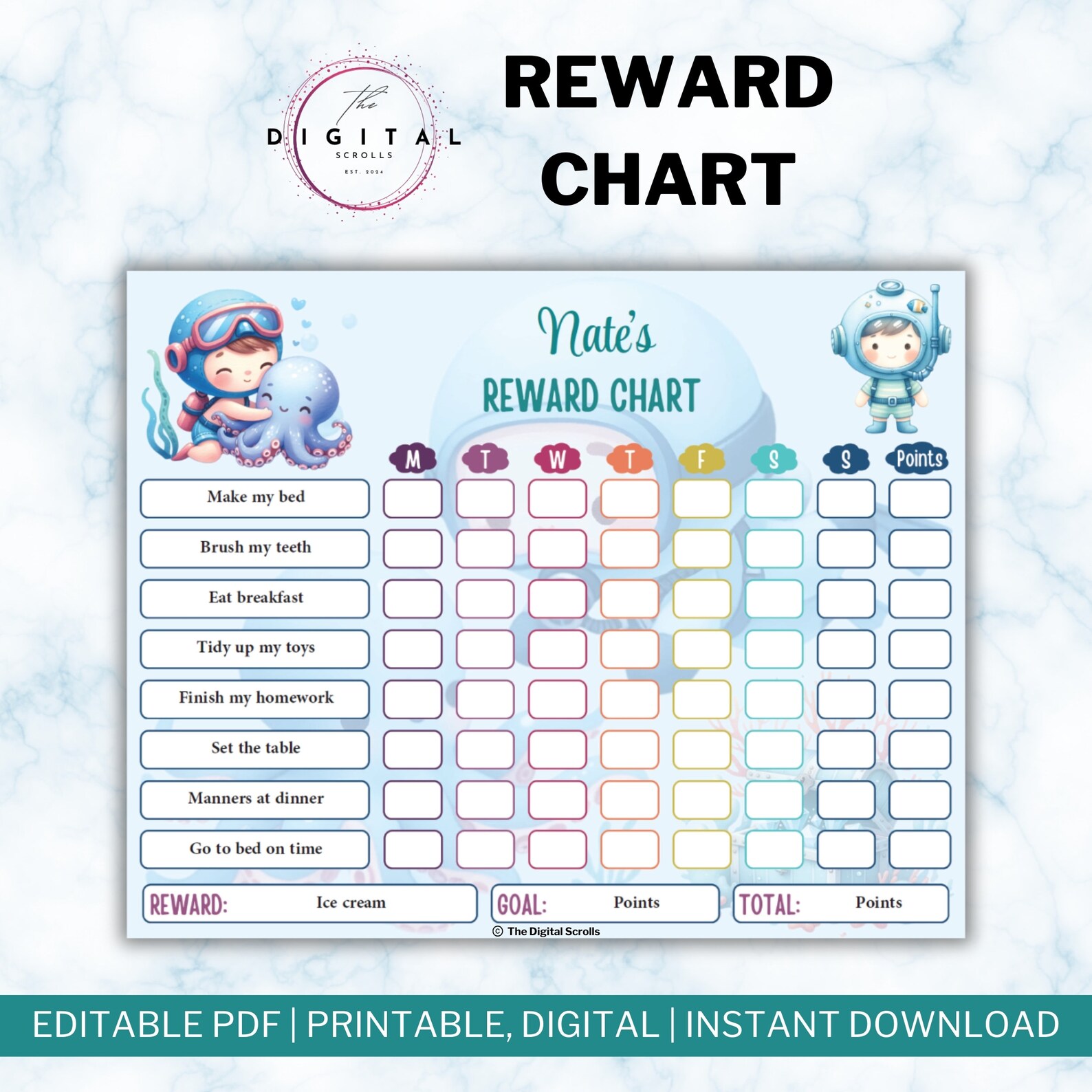 Editable Boys Chore Chart | Underwater World Reward Chart | Childrens ...