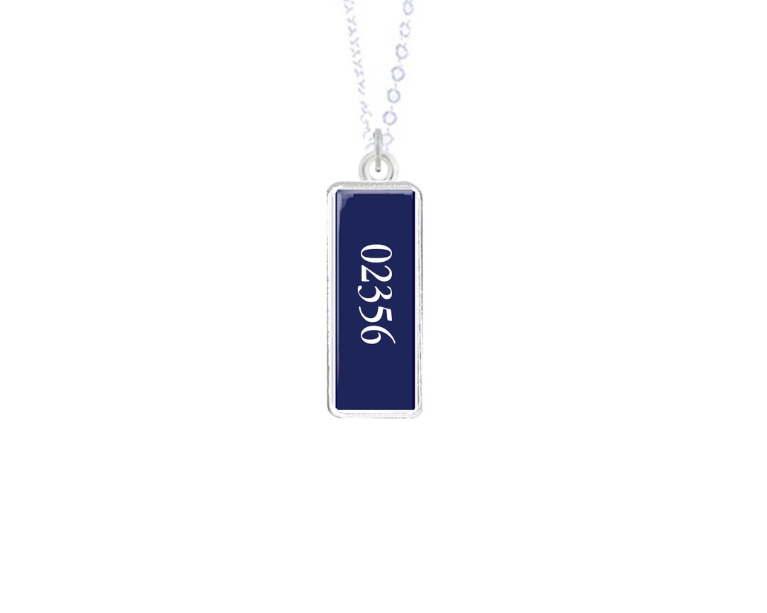 Custom Zip Code Vertical Bar Charm Necklace, Navy Background, Silver or ...