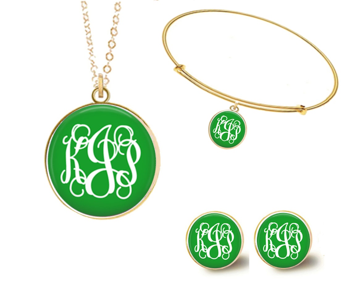Monogram Necklace, Kelly Green Monogram Jewelry, Monogram Bracelet ...