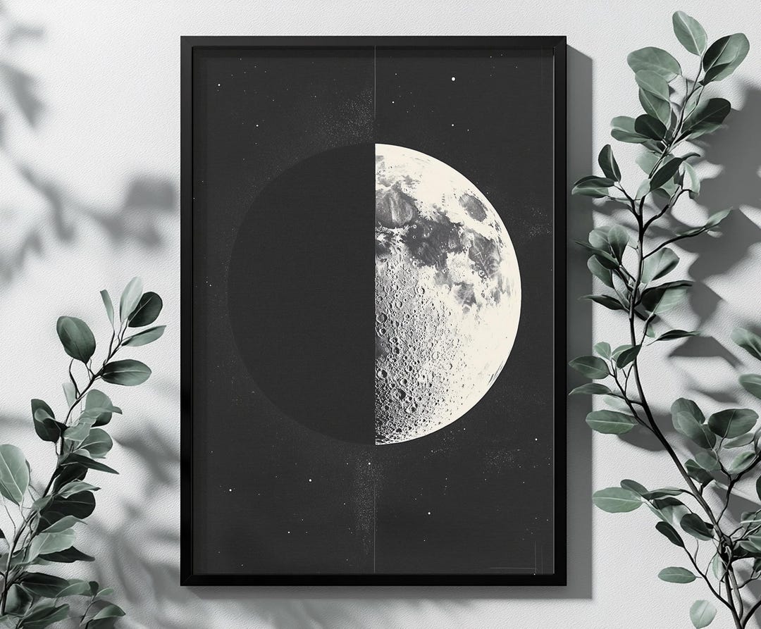 Half Moon Phase Wall Art - Minimalist Celestial Print - Black and White ...