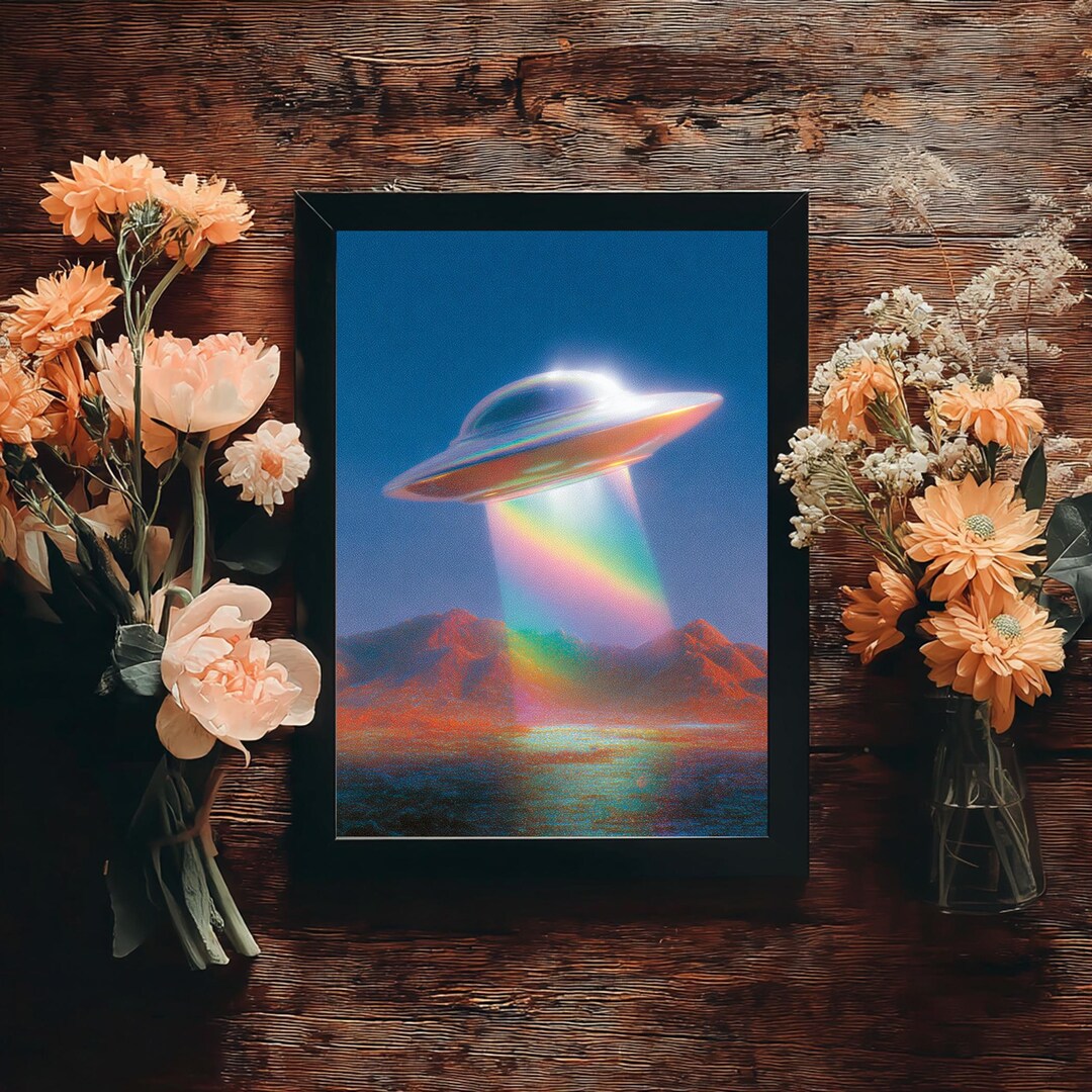 Retro Rainbow UFO Poster | Vaporwave Sci-fi Landscape Art | Alien ...