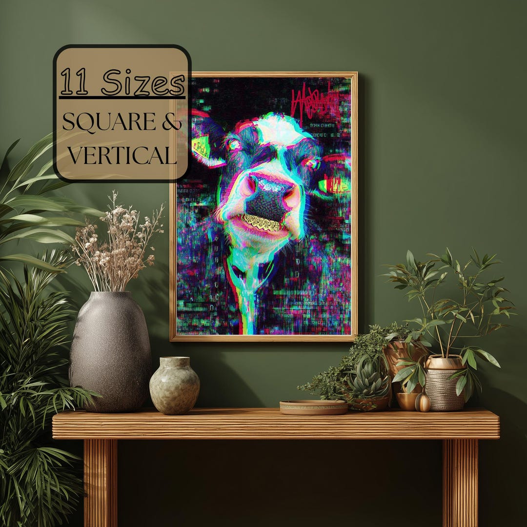 Glitch Cow Poster: Neon Vaporwave Animal Print, Trippy Home Decor ...