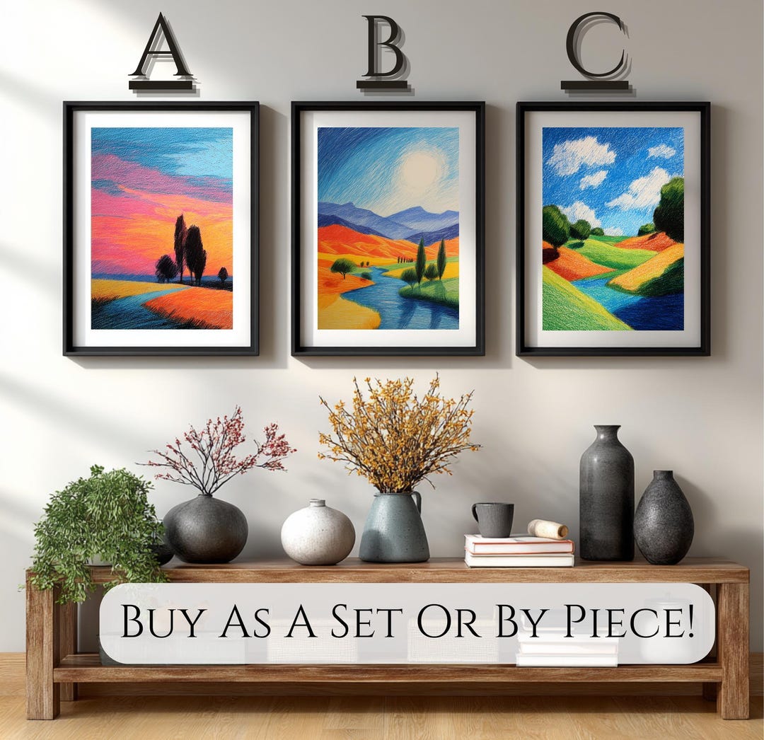 Colorful Crayon Sunset Landscape Print – Bold Pastel Wall Art | Nature ...