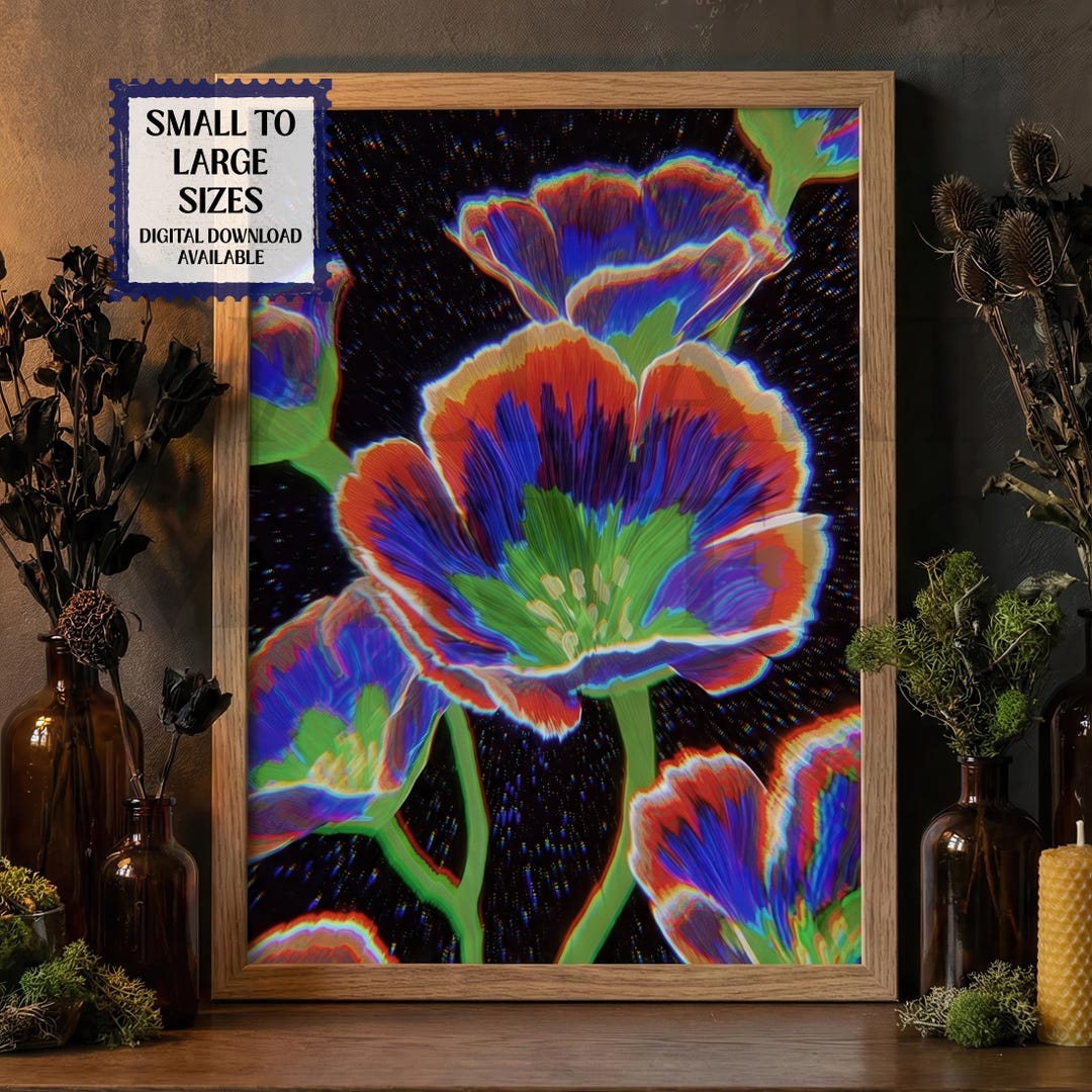 Neon Cosmic Poppy Flowers: Trippy Floral Wall Art (UNFRAMED or DIGITAL ...