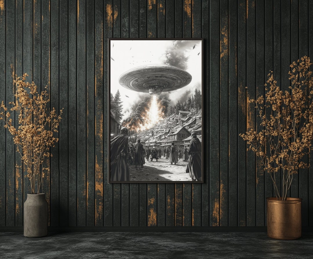 Alien Invasion of A Medieval Village Black and White Poster Ufo Poster ...