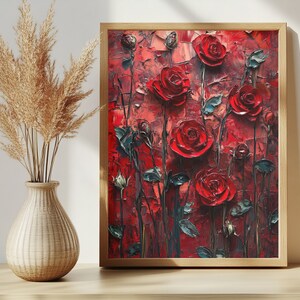 Red Roses Print Textured Oil Painting Impasto Inspired Floral Poster ...