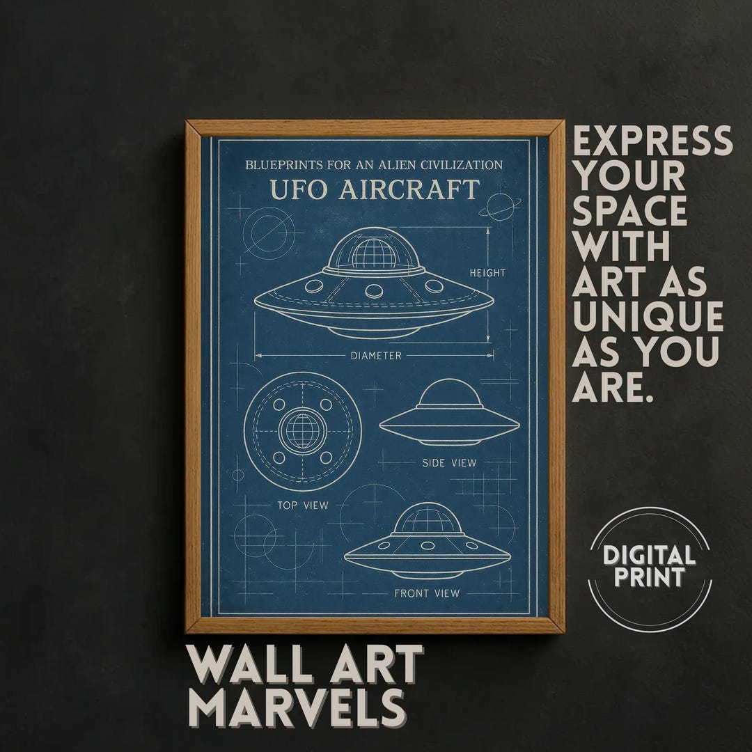 UFO Aircraft Blueprint Poster - Alien Spaceship Schematic Wall Art ...