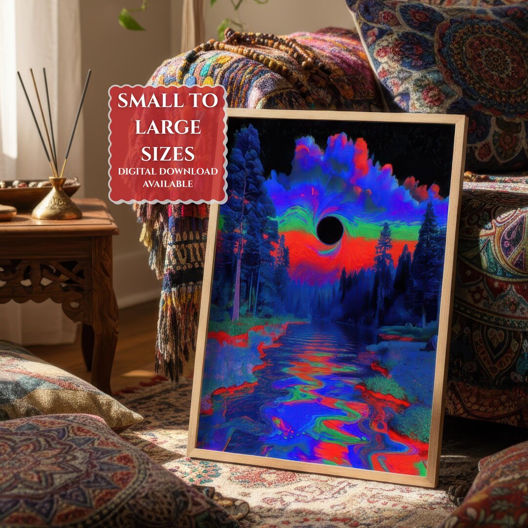 Psychedelic Eclipse Forest – Trippy Neon River Landscape Wall Art Print ...