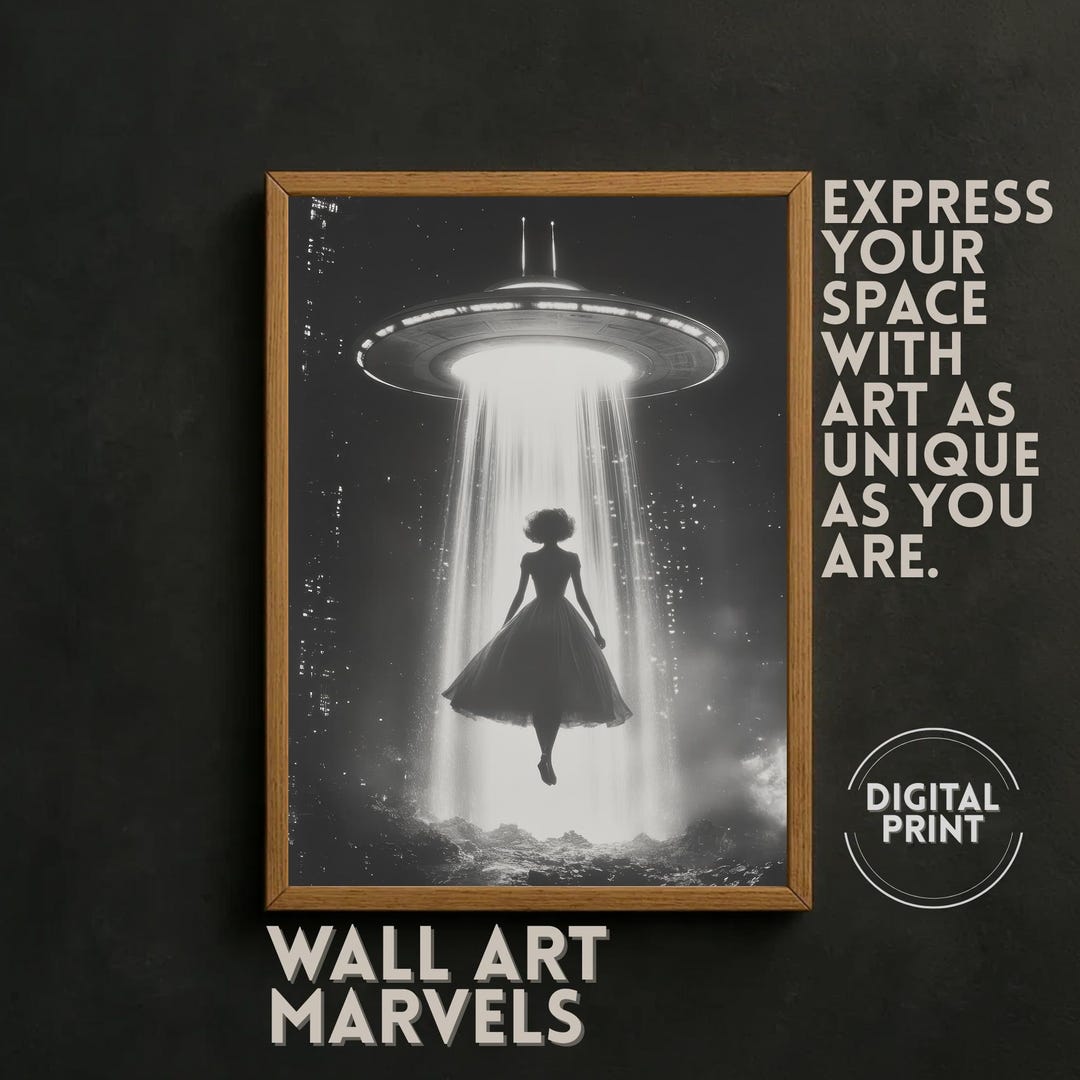 Retro UFO Abduction Print - Vintage Sci-fi Poster - Black and White ...