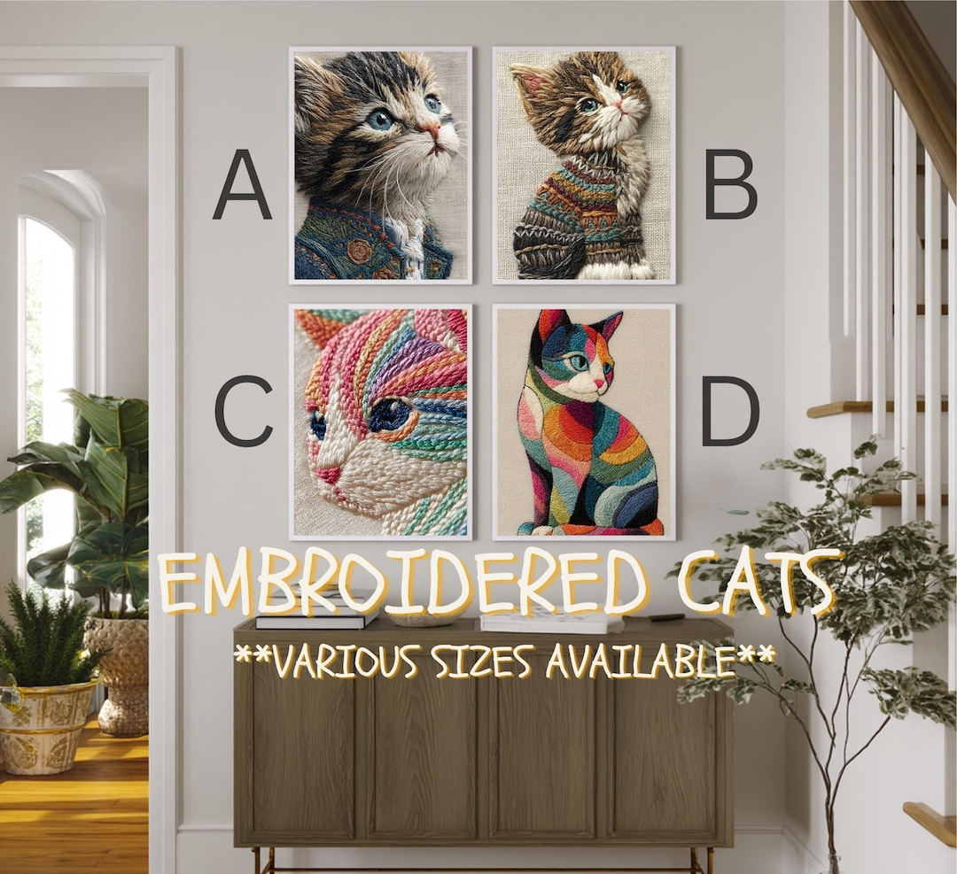 Hand-stitched Cat Portrait Art Print - Cozy Kitten Stitch, Embroidered ...