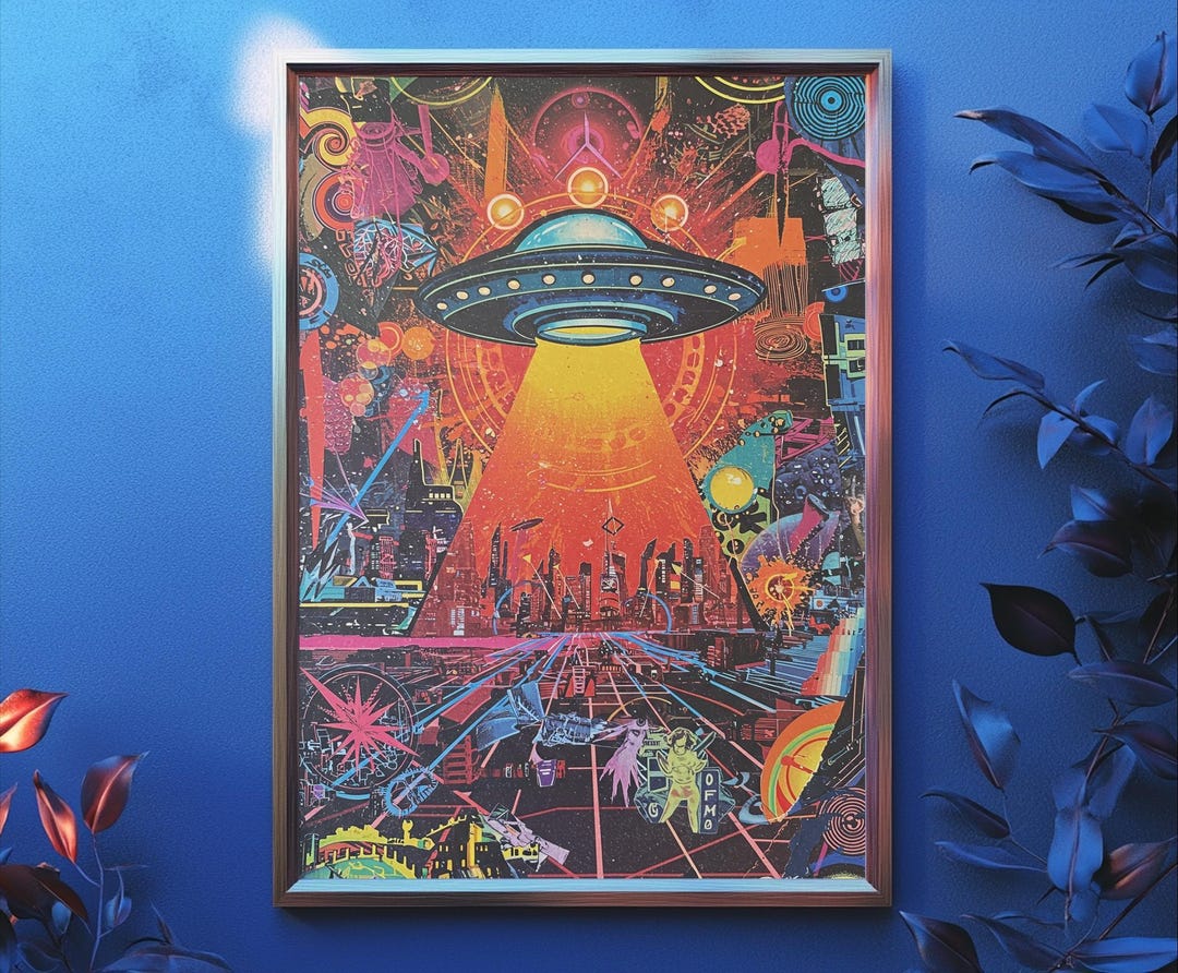 Vibrant Retro Sci-fi UFO Poster - Psychedelic Neon UFO Art Print ...