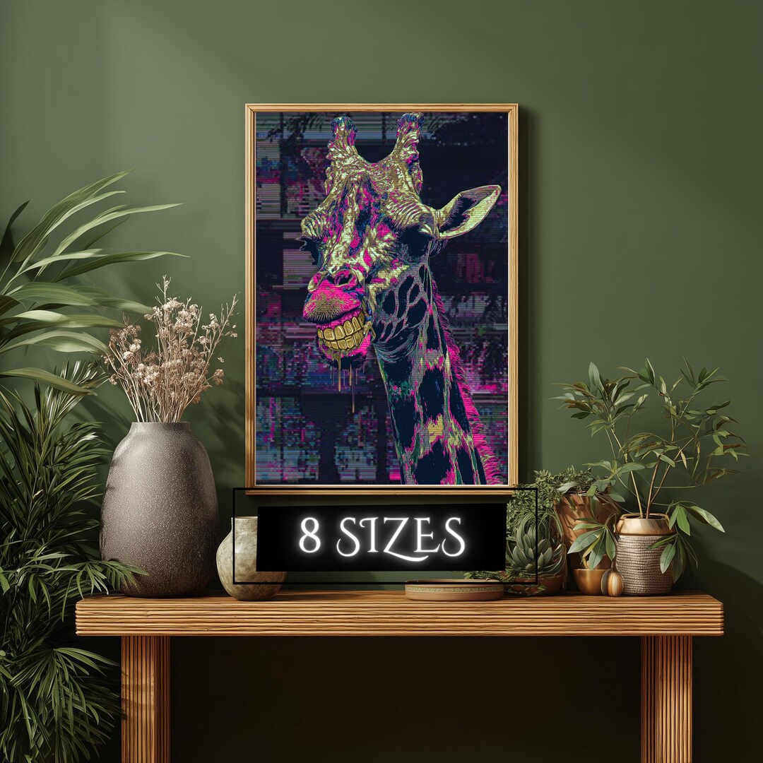 Glitch Giraffe Gold Grillz Print – Neon Vaporwave Animal Poster, Tall ...