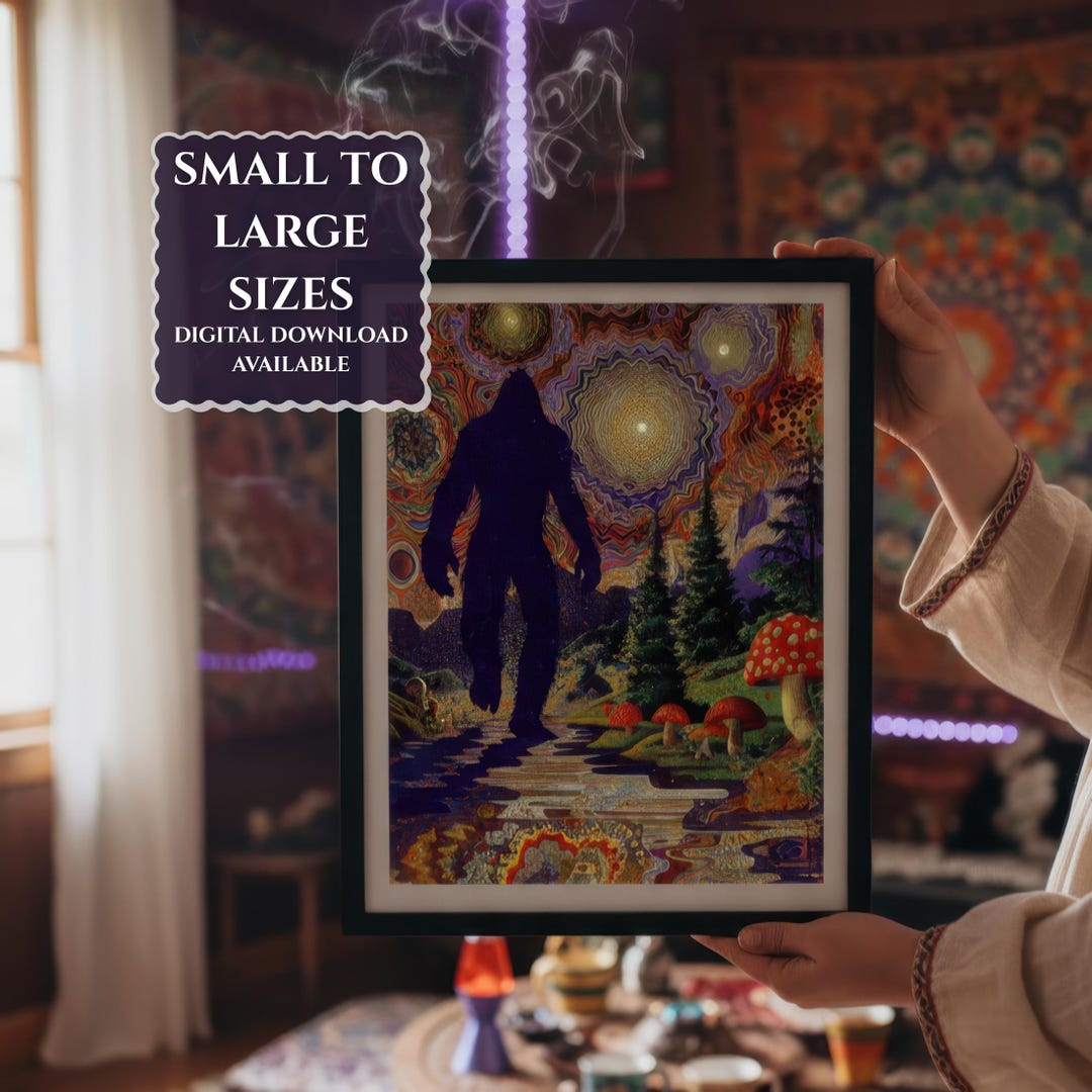 Cosmic Forest Bigfoot – Psychedelic Cryptid Art Print, Trippy Mushroom ...