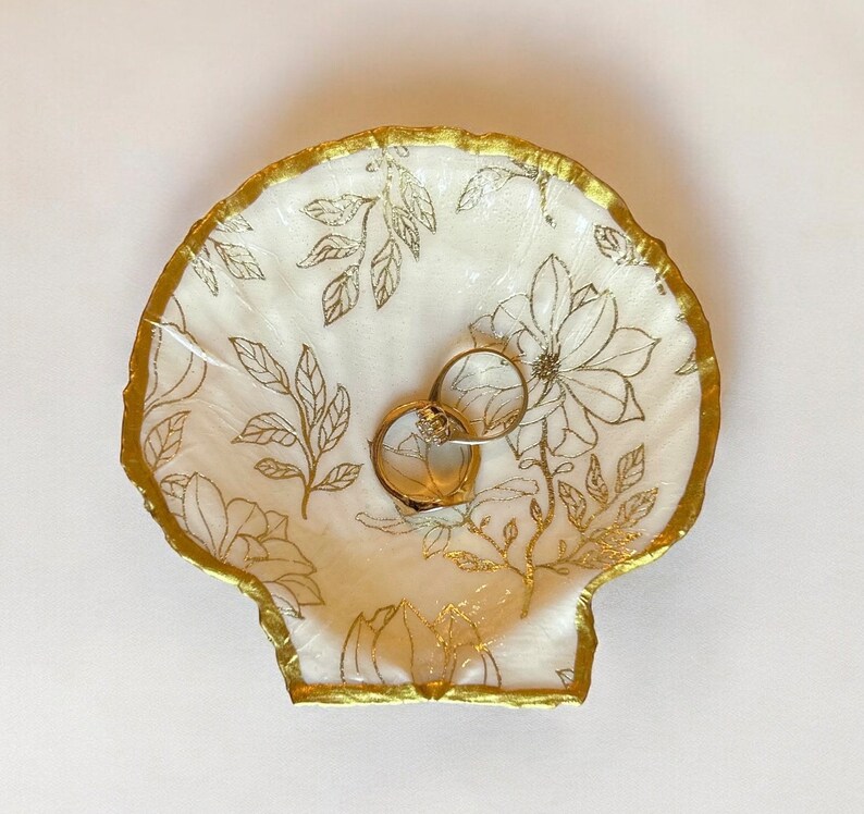 Gold Floral Scallop Shell Ring Dish | Coastal Jewelry Tray - Etsy