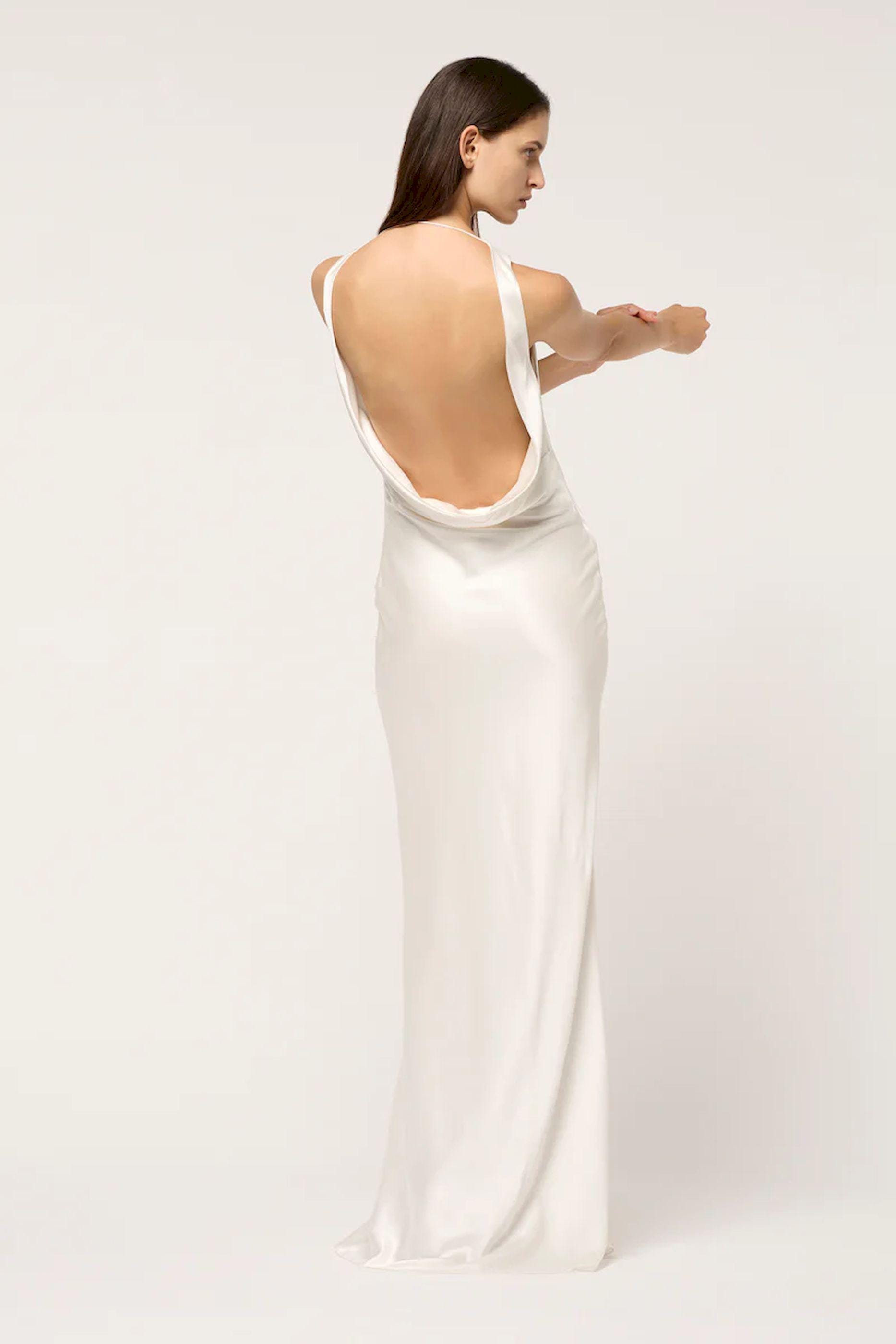 Open Back White Silk Wedding Dress, Waterfall Neck Wedding Dress ...