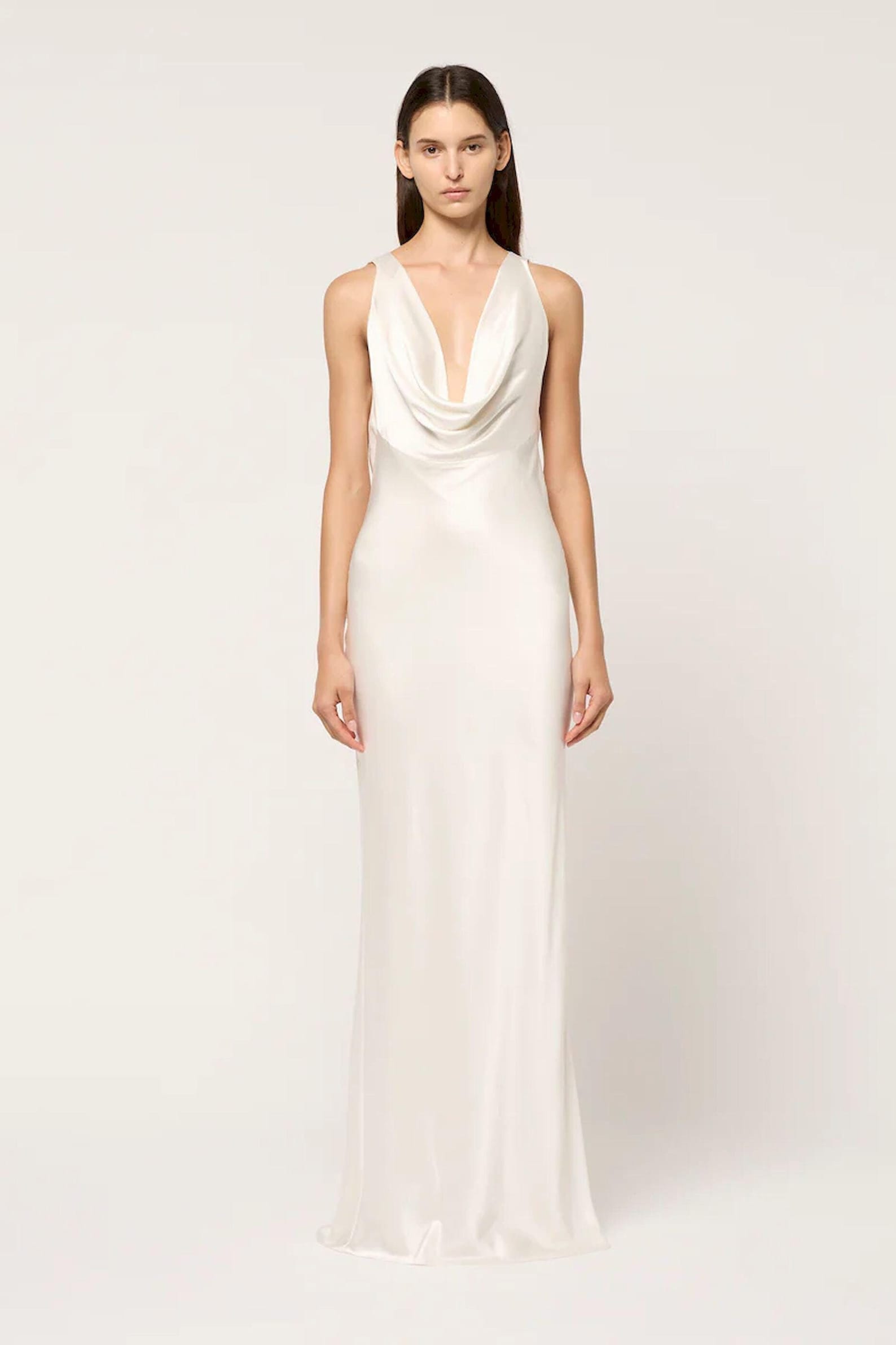 Open Back White Silk Wedding Dress, Waterfall Neck Wedding Dress ...