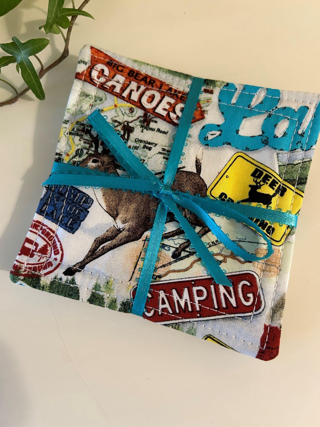 Coasters- Set of 4, CAMPING at the LAKE, Fabric Coasters, Handmade ...