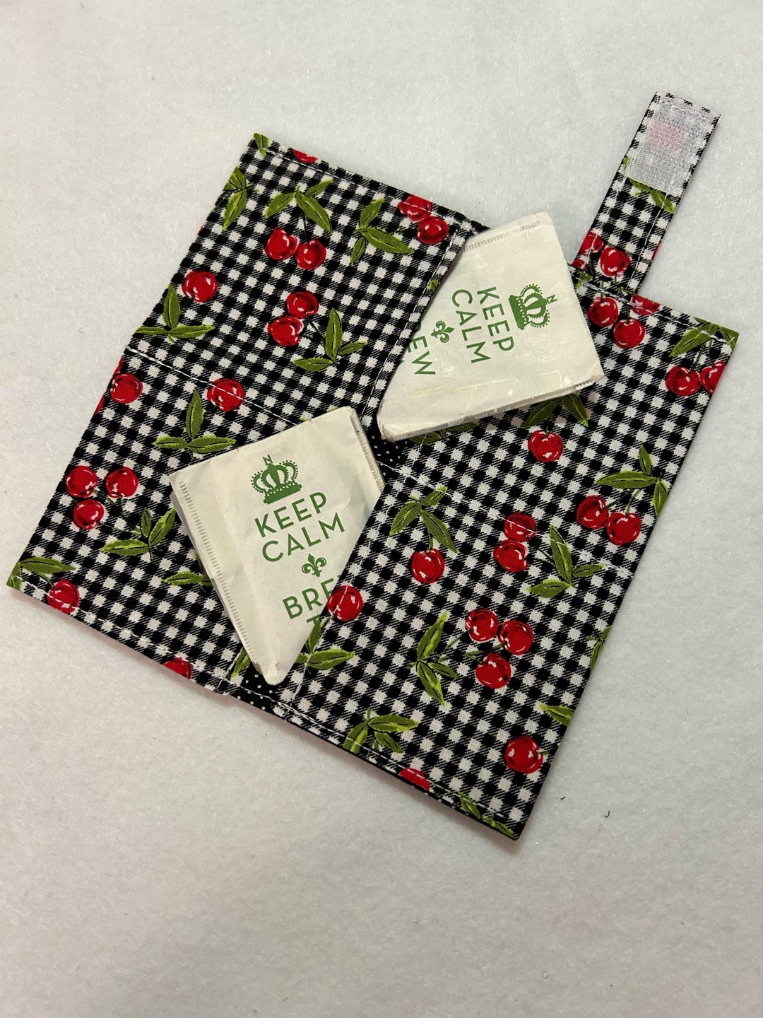 Tea Bag Wallet, CHERRIES on CHECKS, Four Pockets, Handmade, Holds Tea ...