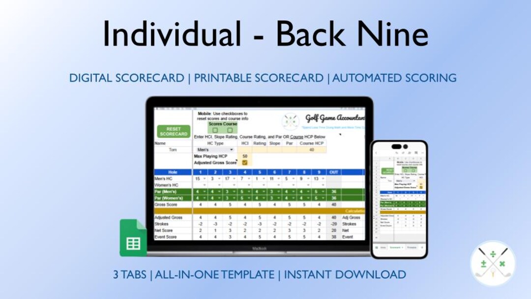 Individual Golf Scorecard, Back Nine Scoring, 9 Holes, Google Sheets - Etsy