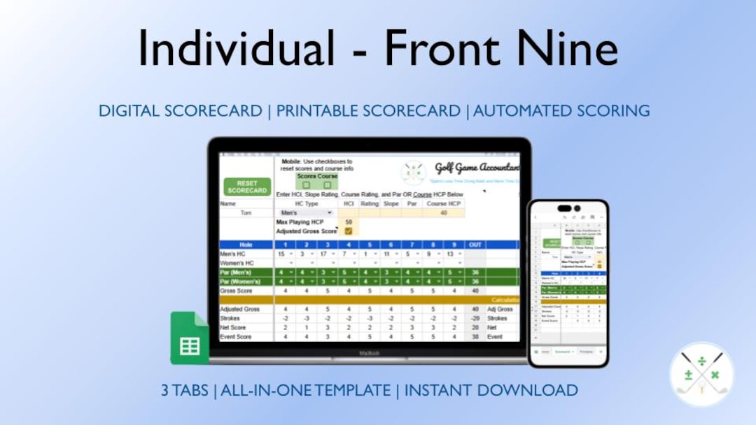 Individual Golf Scorecard, Front Nine Scoring, 9 Holes, Google Sheets ...