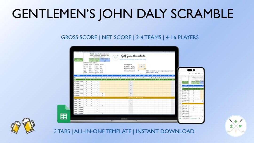 Gentlemen's John Daly Golf Scramble Scorecard, 4 Players/team, Max 4 Teams, Max 16 Players, 9-18 ...