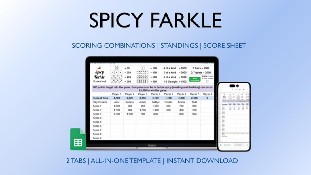 Spicy Farkle Digital and Printable Scoresheets, up to 8 Players, Google ...