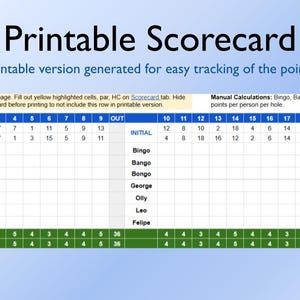 Bingo, Bango, Bongo Golf Scorecard, 2-4 Players, 9-18 Holes, Google ...