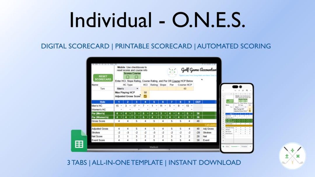 Individual Golf Scorecard, O.N.E.S. Scoring, 9-18 Holes, Google Sheets ...