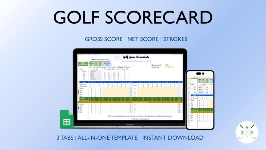 Digital and Printable Scorecard With Strokes for Handicap, up to 5 Players - Etsy