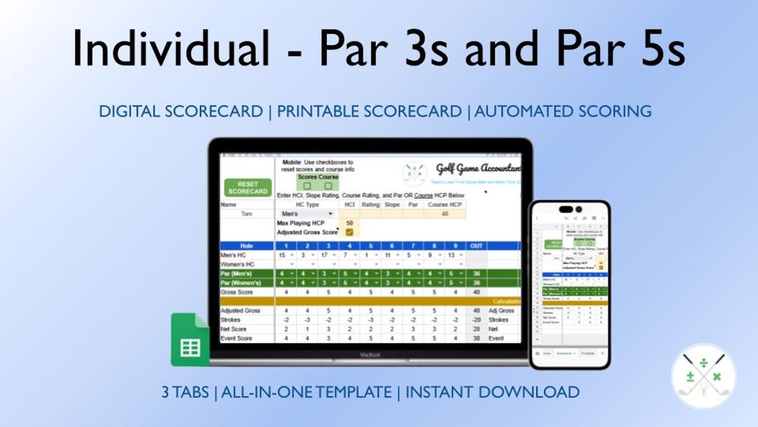 Individual Golf Scorecard, Par 3s and 5s Scoring, 18 Holes, Google ...
