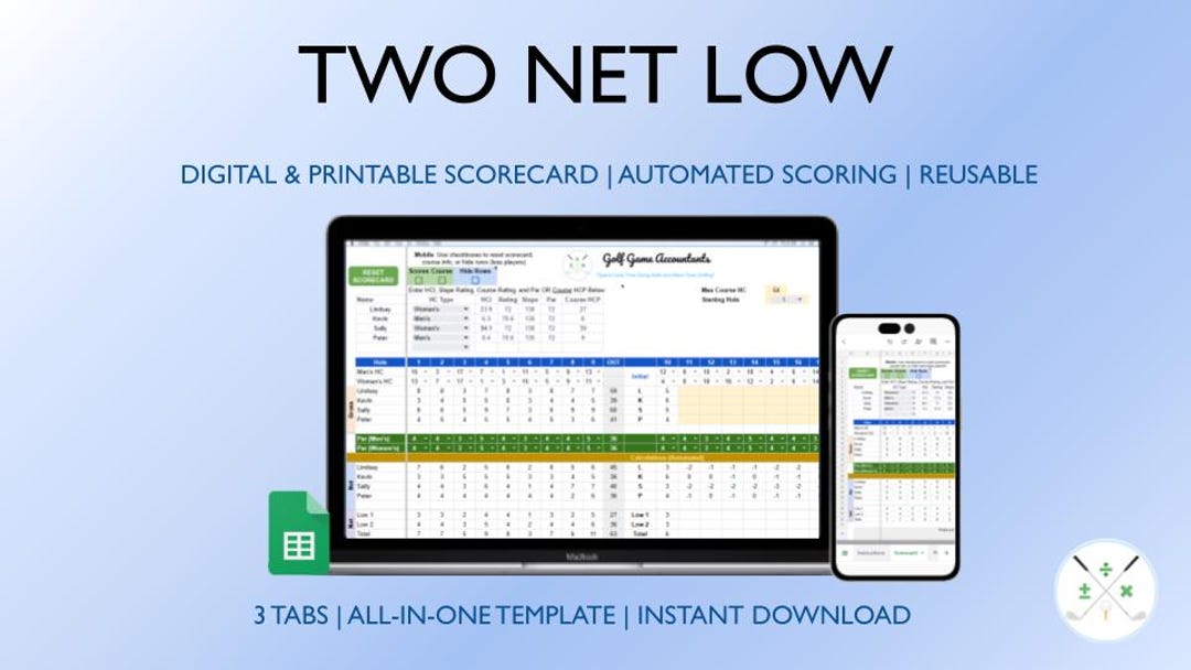 Two Net Low Golf Scorecard, up to 5 Players, 9-18 Holes, No Specials ...