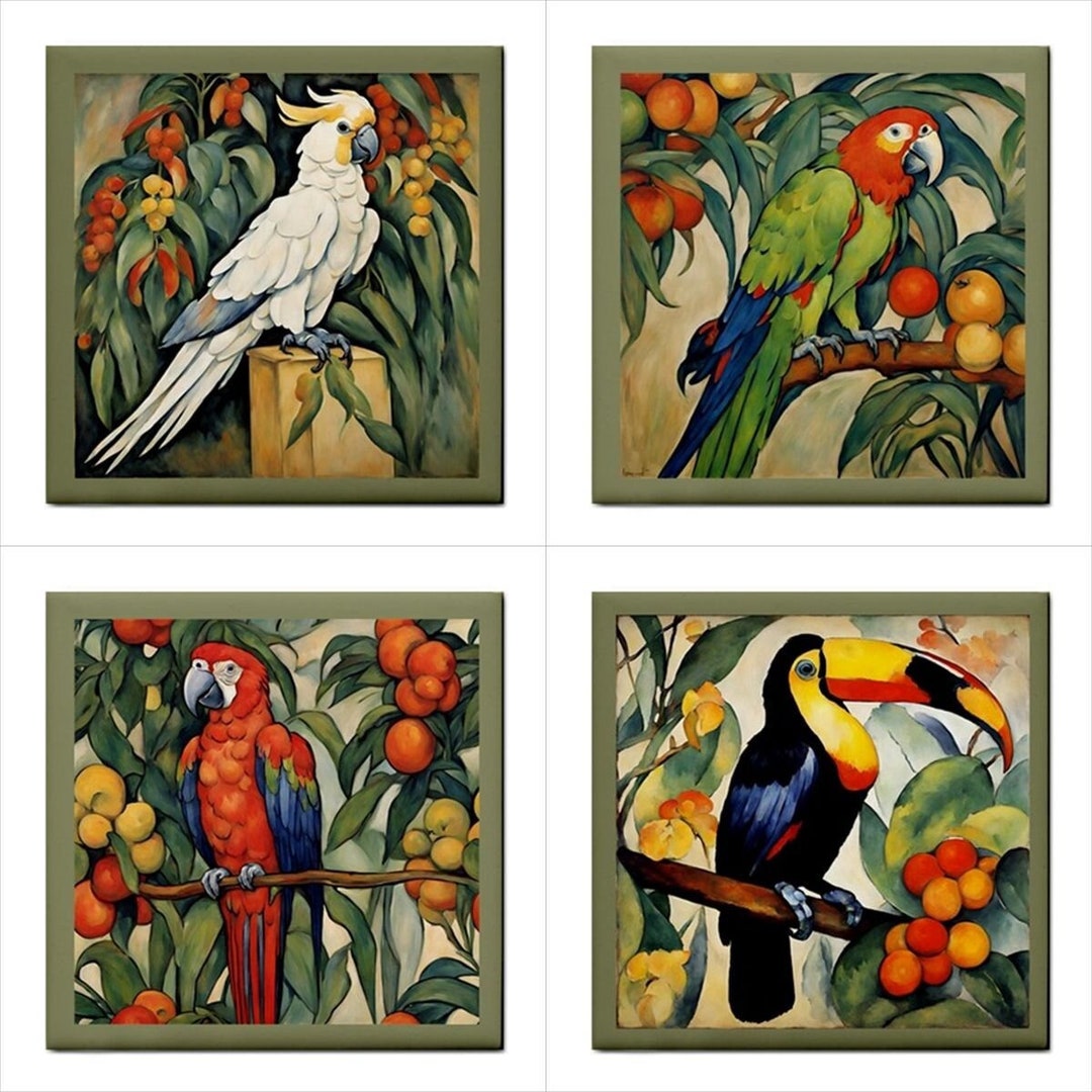 Parrots Ceramic Tile Set of 4 Bird Art Backsplash Decorative Tiles 4.25 ...