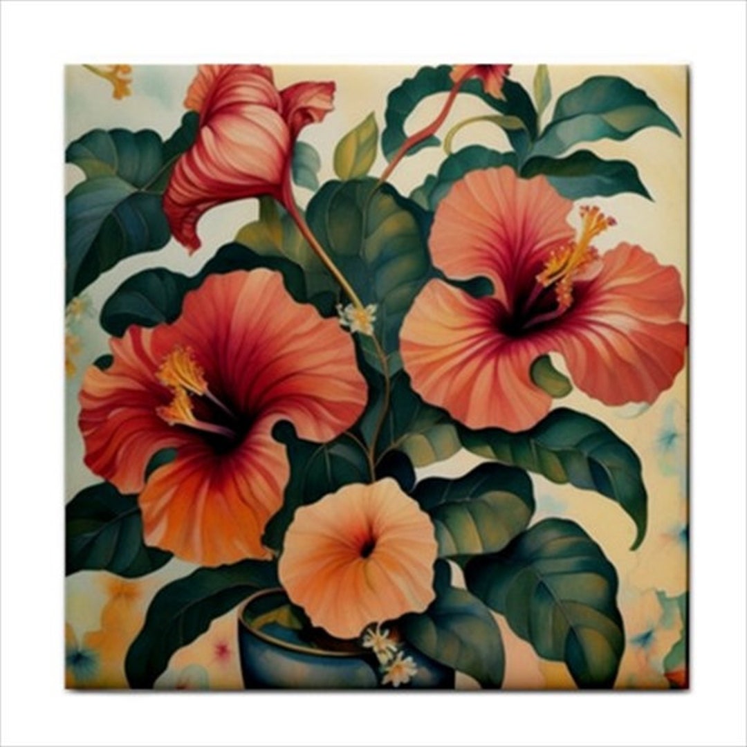 Hibiscus Flower Ceramic Tile: Art Nouveau Home Decor (4.25x4.25 Inches ...