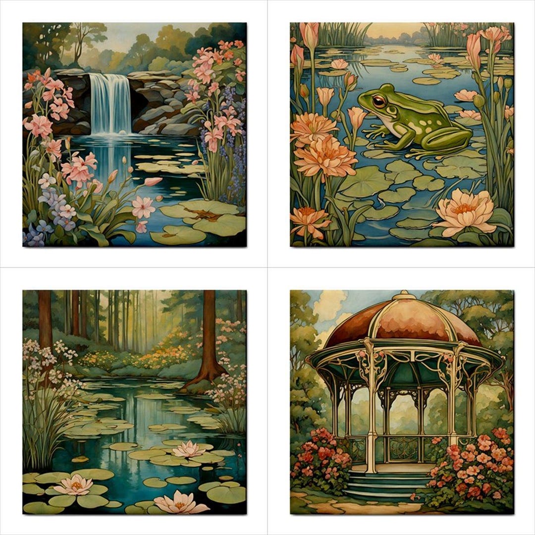 Lilypad Pond Ceramic Tile Set of 4 Tiles Frog Flowers Nature Home Decor ...