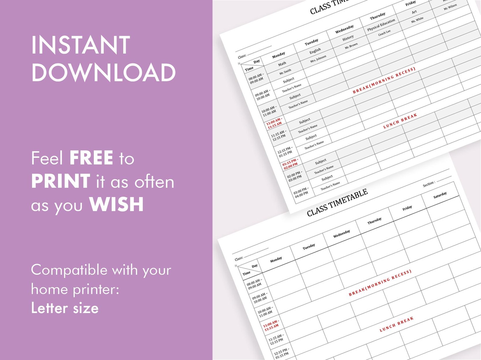 Editable Class Timetable - Two Layout Options for Teachers and Students ...