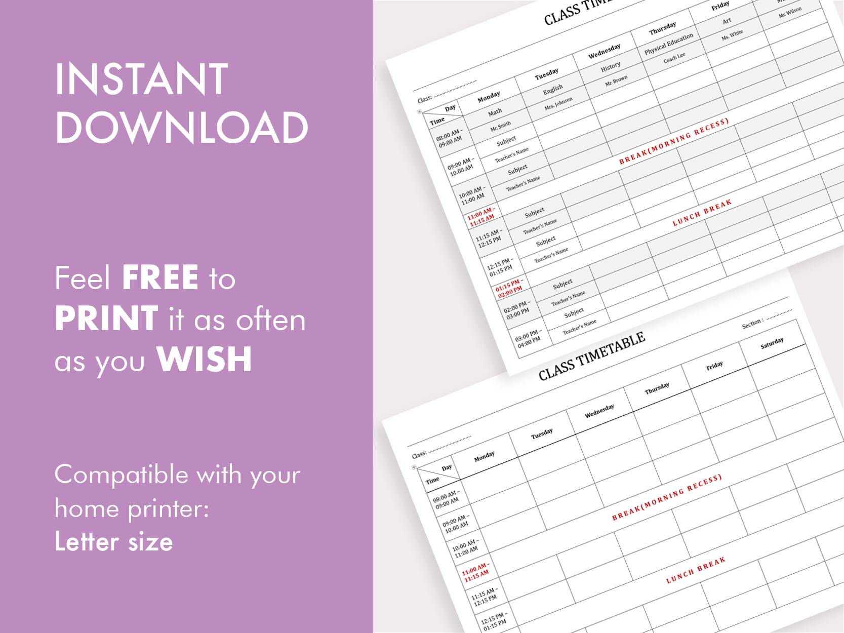 Editable Class Timetable - Two Layout Options for Teachers and Students ...