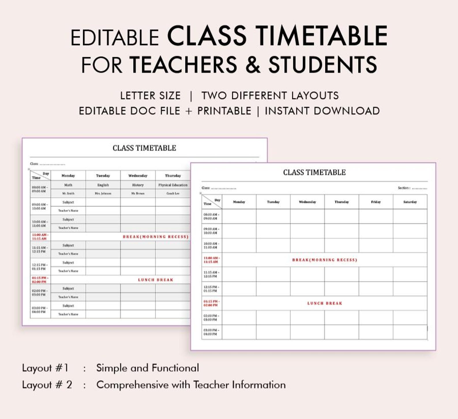 Editable Class Timetable - Two Layout Options for Teachers and Students ...