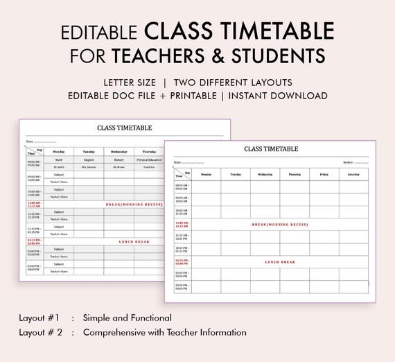 Editable School Timetable Template Word