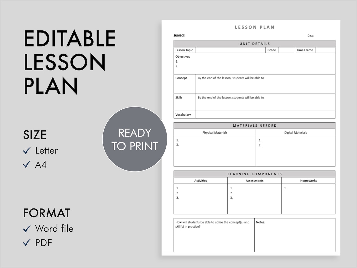 Lesson Plan Template, Teacher Lesson Plan, Instant Download, Black and ...