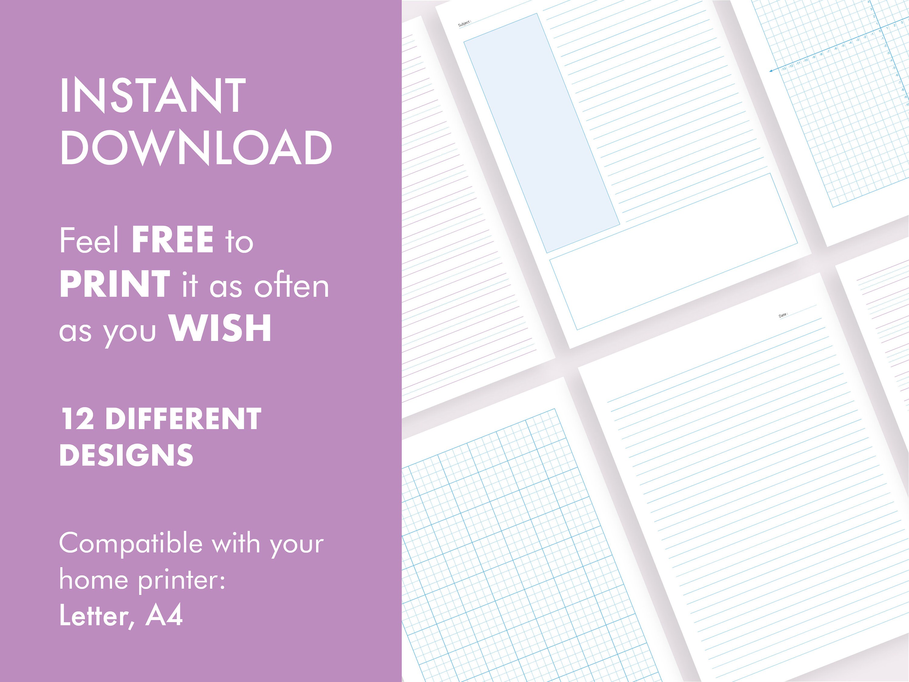 Versatile Lined Paper PDF Bundle - A4 & Letter | Notebook, Math Grid ...